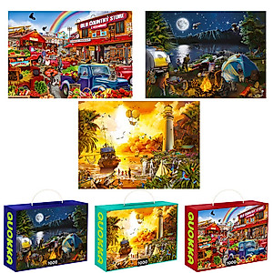 QUOKKA Puzzles for Adults 1000 Pieces and Up - 3 Pack of 1000 Piece Puzzles for Kids Ages 8-10-12 - Enjoy Market, Lighthouse and Camping Designs for Women and Men
