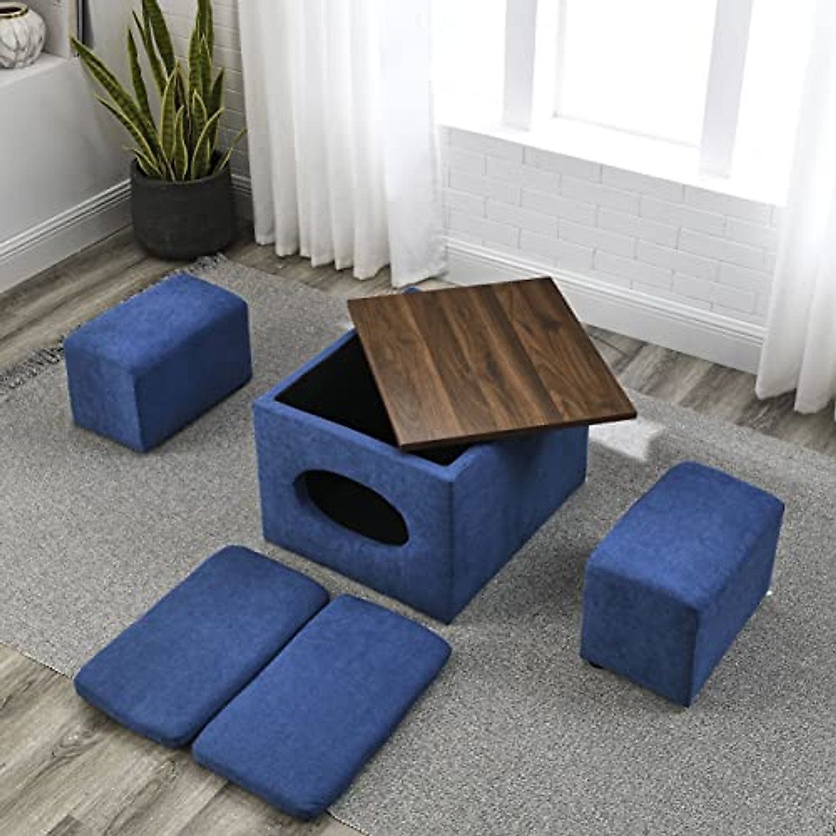 HomSof 25" W 5 Pieces Ottoman Bench Set,Modern Design Hollow Storage Ottoman, Upholstery Coffee Table, Two Small Footstools,Easy Storage and Wide Use,Waterproof,Oil-Proof,Scratch-Proof,Blue