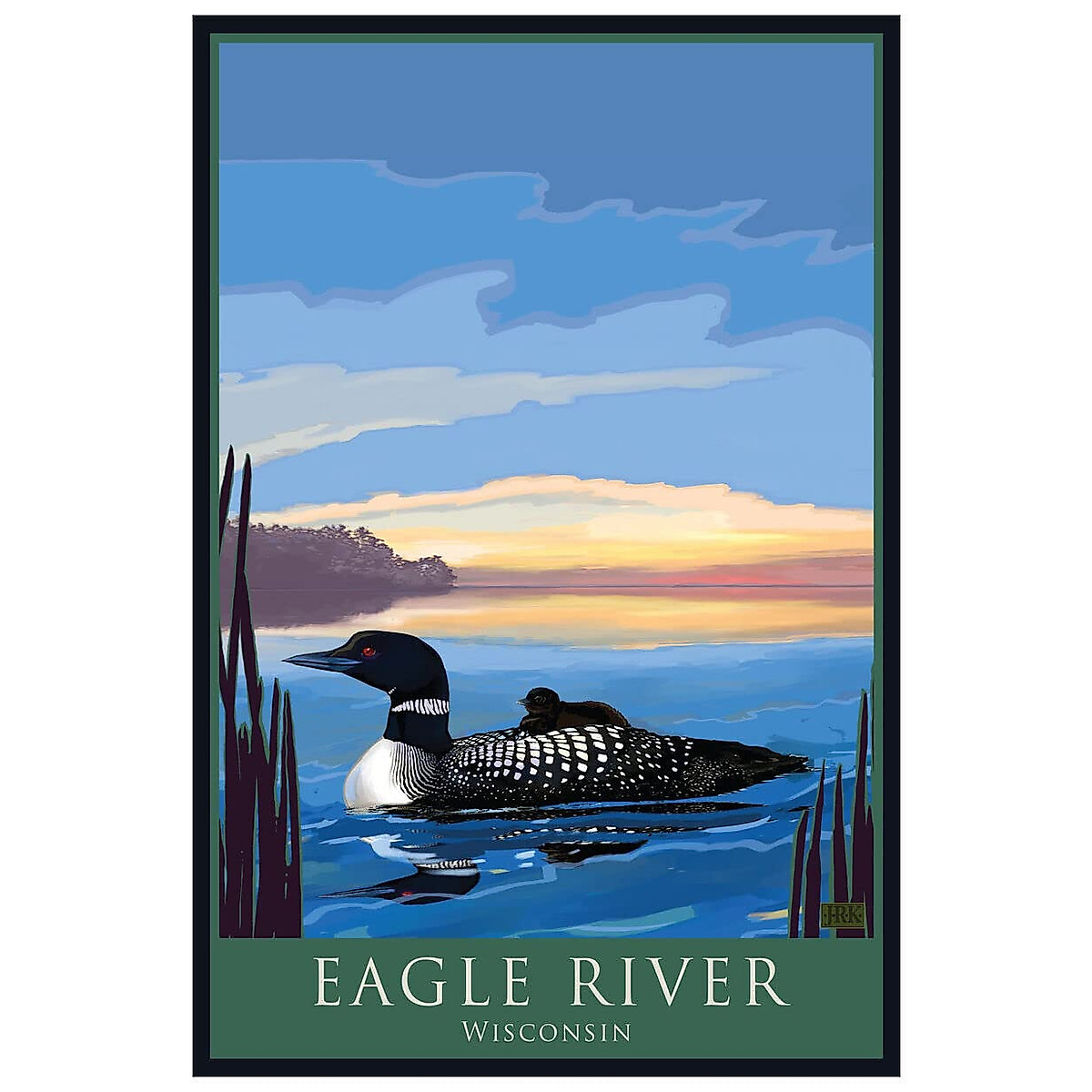 Eagle River Wisconsin Loon & Chick Giclee Art Print Poster from Illustration by Artist Joanne Kollman 12" x 18"