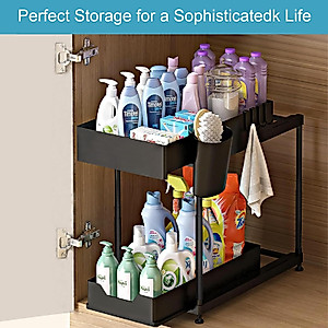YIYUE Under Sink Storage, Adjustable Height Bathroom Kitchen Pull Out under Sink Organizer and Storage, 2 Tie Non - slip Sturdy Double Sliding Drawers Black