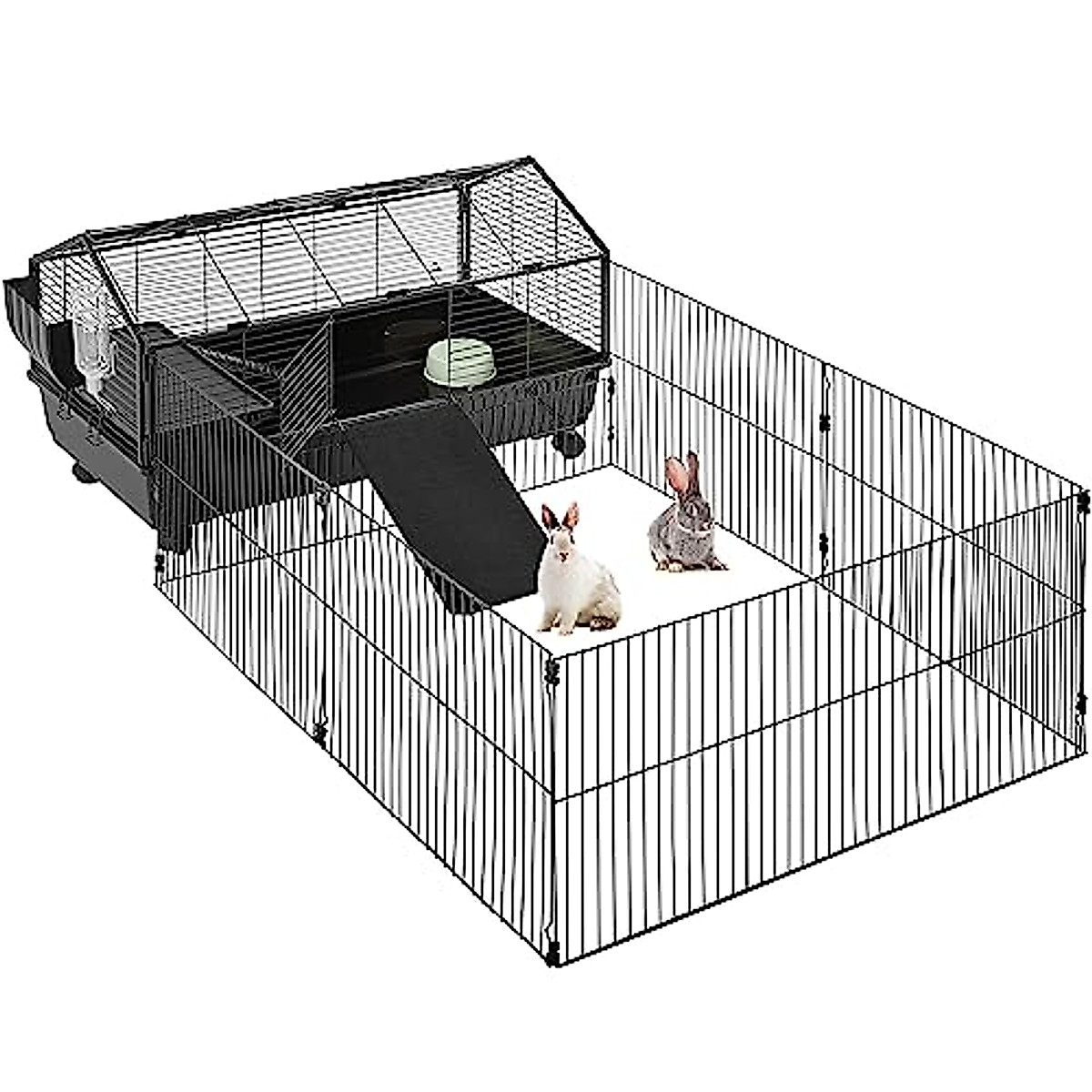 Yaheetech 39'' Rabbit Cage Rolling Small Animal Cage with Playpen/Ramps/Water Bottle/Hay Feeder/Bowl for Guinea Pigs, Chinchillas, Hedgehogs, Tortoises, Pet Cage for Rabbit Indoor, Black