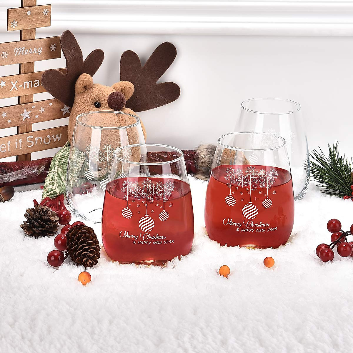 Merry Christmas Stemless Wine Glass Set for Women Friends, Christmas Idea for Mom Wife Girlfriend Sister Wedding Birthday Party, Set of 4