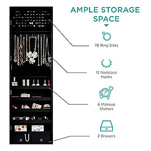 Best Choice Products Standing Mirror Armoire, Lockable Jewelry Storage Organizer Cabinet w/Velvet Interior, 3 Angle Adjustments - Black