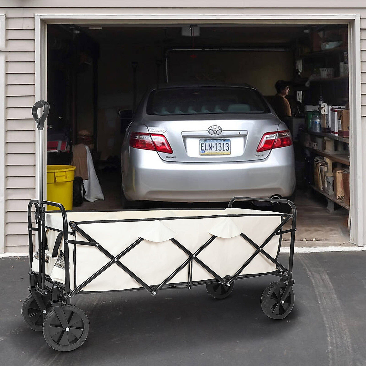 YSSOA Extended Folding Utility Wagon, 330LBS Heavy Loaded Collapsible Garden Cart with Anti-Slip Wheels, Adjustable Handle and Side Pockets, Large, White, X-Large