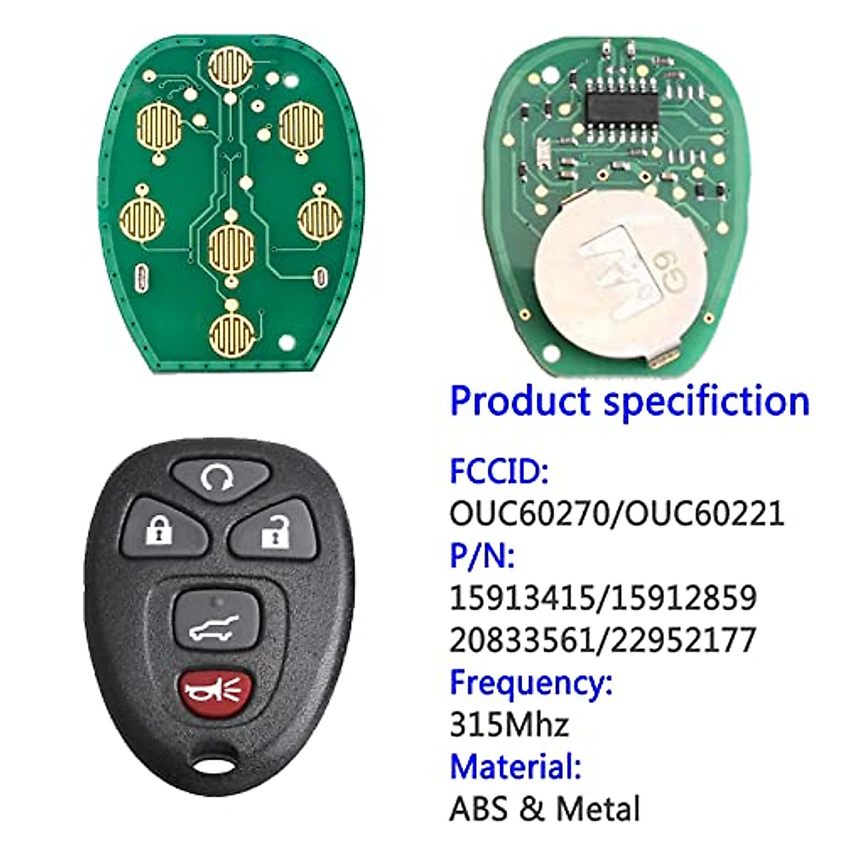 Key Fob Keyless Entry Remote Replacement for Chevy Traverse 2007-2016 Tahoe Suburban GMC Acadia Yukon XL Buick Enclave Cadillac Escalade Saturn Outlook OUC60270 OUC60221 (Set of 2)