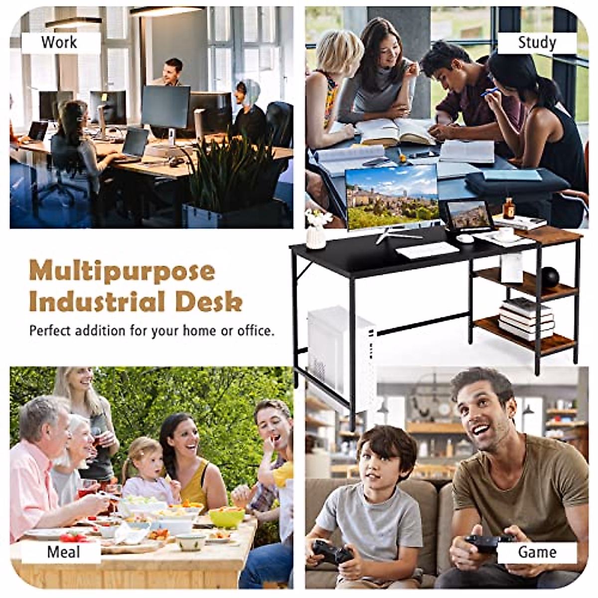 COSTWAY 55” Computer Desk, PC Laptop Desk with Storage Shelves, Large Computer Desk with Splice Board, Adjustable Foot Pads, Industrial Home Office Desk for Writing, Study, Game (Black)