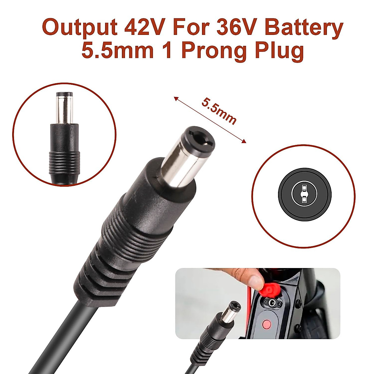 42V 2A Charger 1 Prong for 36V Lithium Ebike Escooter Compatible with Gotrax and All Brands' Electric Bike Scooter 5.5mm Plug