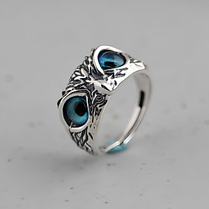 Retro 925 Sterling Silver Night Owl Head Ring with Blue Eyes for Men Women Open Adjustable