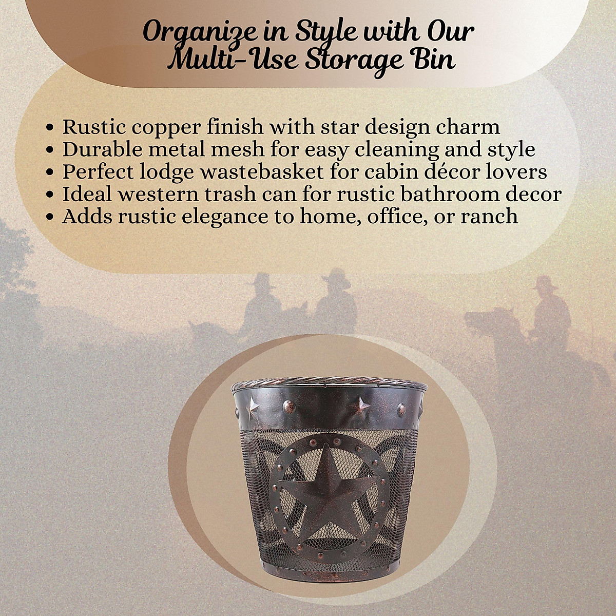 BestGiftEver Rustic Wastebasket with Star Design - Metal Mesh Copper Finish Wastebasket for Western Bathroom Decor, Lodge Cabin Style, Rustic Home Accessories, Rustic Trash Can for Country Homes