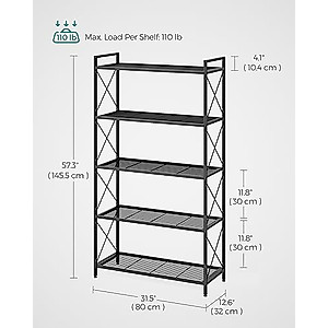 SONGMICS 5-Tier Metal Storage Rack, Shelving Unit with X Side Frames, Dense Mesh, 12.6 x 31.5 x 57.3 Inches, for Entryway, Kitchen, Living Room, Bathroom, Industrial Style, Black UBSC185B01