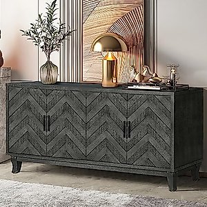 HZXINKEDZSW Vintage Buffet Cabinet with 4 Door and Adjustable Shelves,Wooden Lacquered Accent Sideboard,Console Table for Entryway,Living Room,Bedroom,Taupe Grey