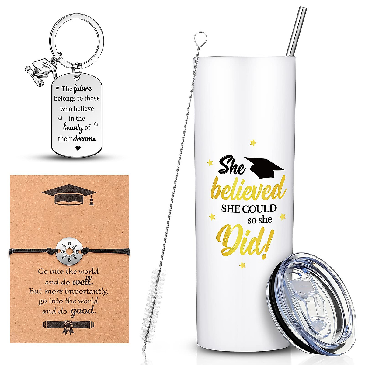 Karenhi 3 Pcs Class of 2024 Graduation Gift Set Includes Stainless Steel Tumbler with Lid Straw Graduation Gift Keychain Graduation Bracelet Set Compass Bracelet for School Senior Grad(She Believed)