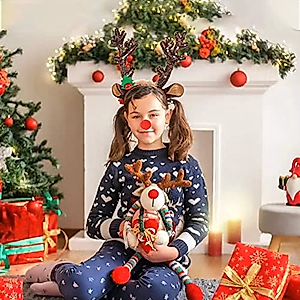 eyigylyo Reindeer Antlers Headbands with Red Nose, Christmas Sequin Reindeer Headbands with Bells Antler Xmas Party Headwear Accessories for Women Girls Kids