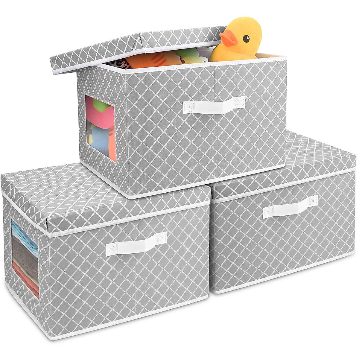 Keaxinty Fabric Storage Bins with Lid, 3 Pack Fabric Collapsible Storage Organizer with Handle,Closet Storage Box with Clear Window for Clothes, Toys, Books, Office (15.7 X 11.8 X 10.2, Grey)