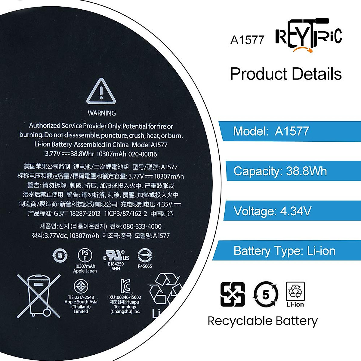 REYTRIC A1577 Battery Replacement 020-00016 Compatible iPad Pro 12.9 A1584 A1652 with Installation Tools 3.77V 10307mAh 38.8Whr