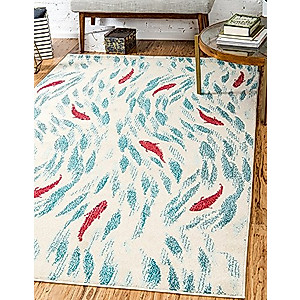 Unique Loom Positano Collection Coastal Modern Bright Colors Fish Beige Area Rug (5' x 8')