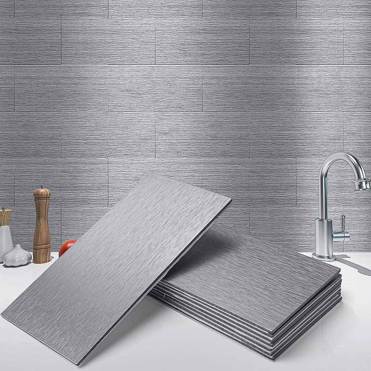 Art3d 32-Piece Peel and Stick Backsplash Tiles, Brushed Metal Subway Backsplash Tile for Kitchen (3"x6", Silver)