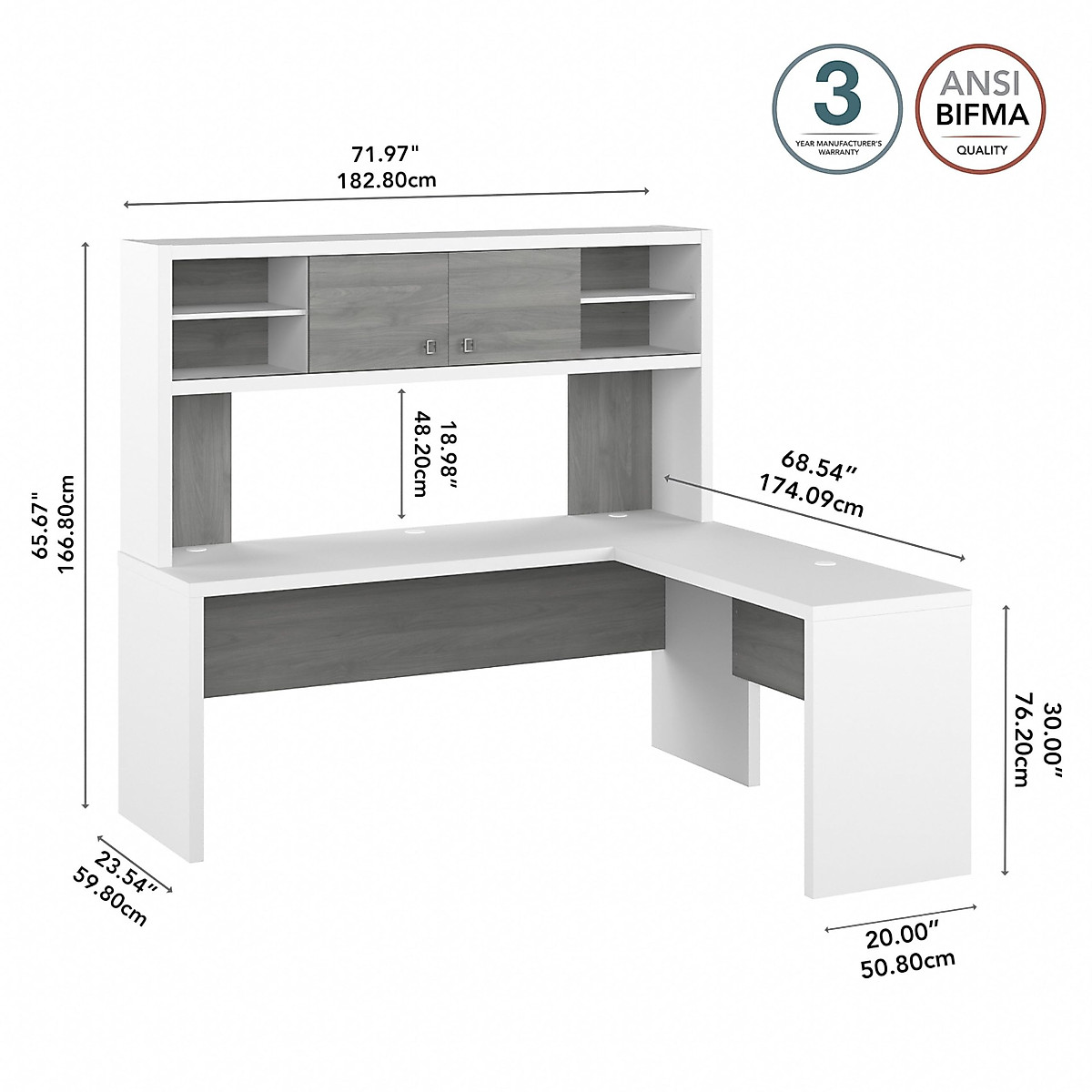 Bush Business Furniture Echo L Shaped Computer Desk with Hutch, 72W, Pure White and Shiplap Gray