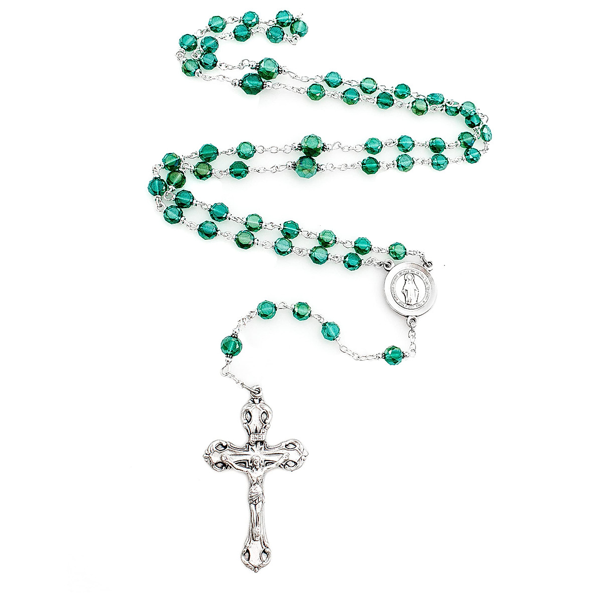 Religuious Italian Silver Rosary with 6mm Emerald Green Austrian Crystal beads and miraculous medal dangle