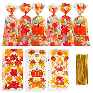 DIYASY Fall Cellophane Treat Bags,120 Pcs Autumn Maple Leaves Pumpkin Candy Bags with Twist Ties for Thanksgiving Party Favor and Holiday Goodies Wrapping