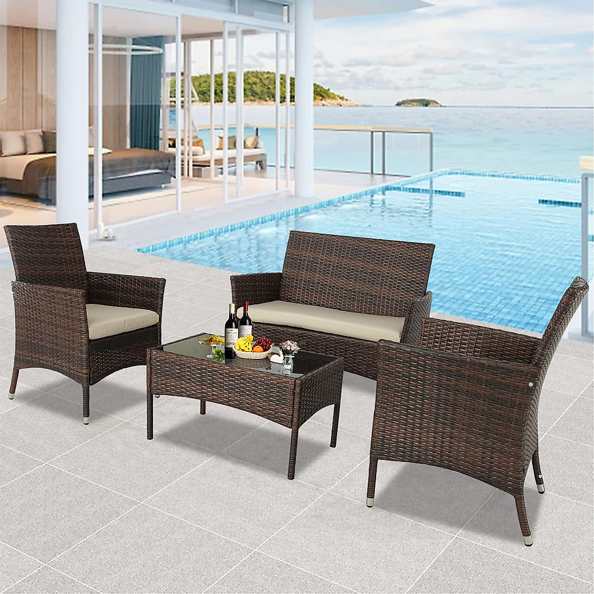 HTTH 4-Piece Outdoor Patio Furniture Sets Wicker Sofa with Cushions and Coffee Table Garden Lawn Pool Backyard Outdoor Sofa Sets (Brown-Beige)