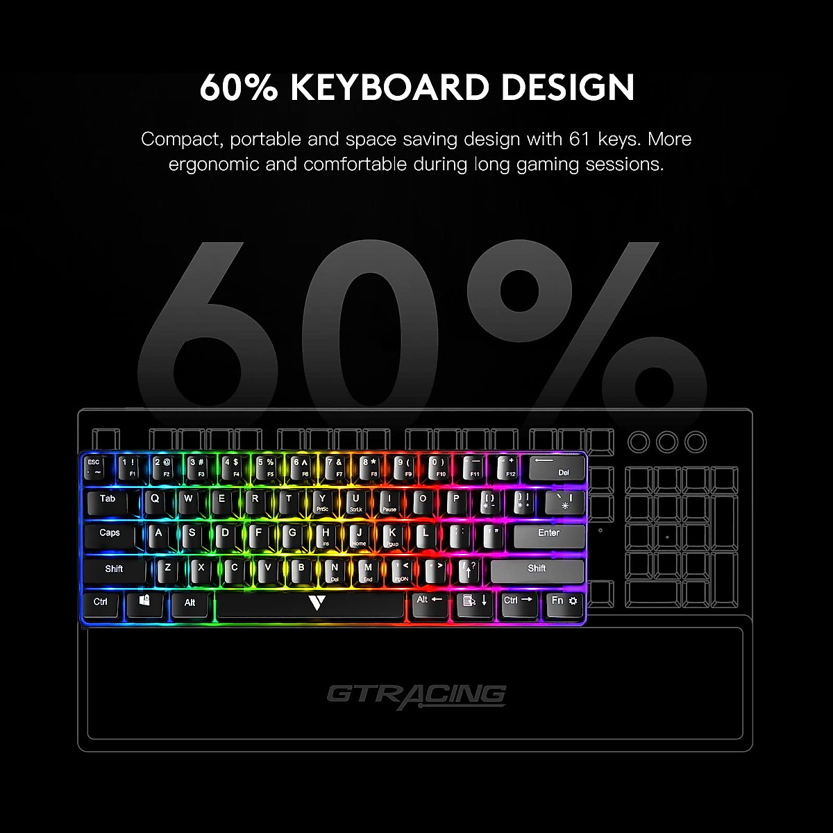 GTRACING Mechanical Gaming Keyboard 60% Colorful Backlit Wired Ultra Compact 61 Keys Mini for Computer PC Laptop Windows Type-C Blue Switches GT882