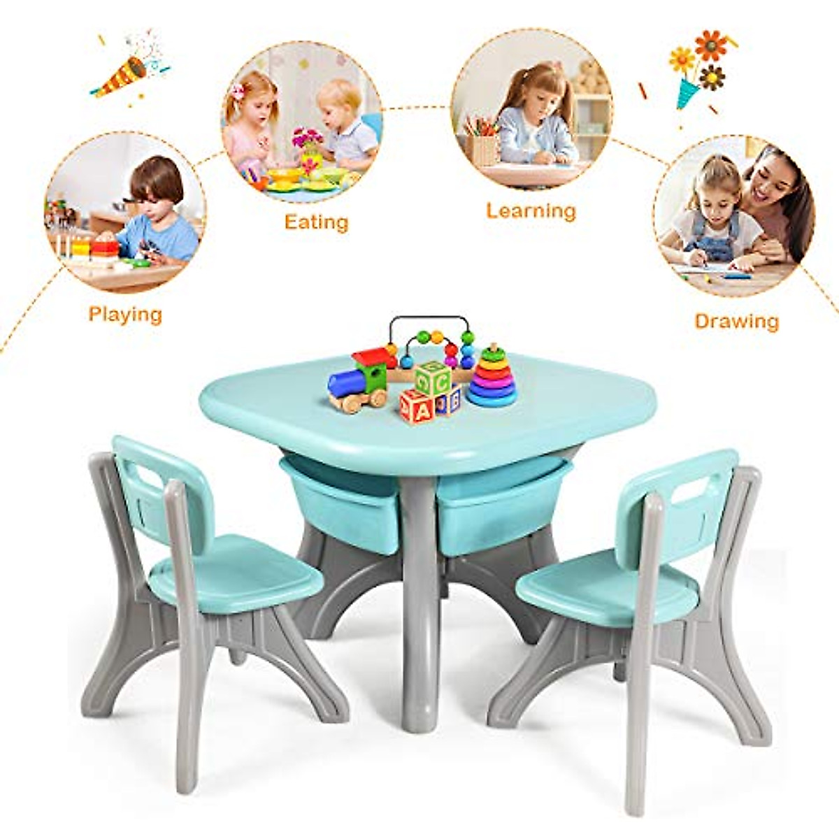 Costzon Kids Table and Chair Set, 3 Piece Activity Table w/Detachable Toy Storage Bins & 2 Chairs for Children Reading Art Craft, Strong Bearing Capacity, Lightweight, Toddler Table & Chair Set, Green