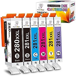 Miss Deer 280 281 Ink Cartridges Compatible Replacement for Canon PGI-280XXL CLI-281XXL PGI280 CLI281 Used with Canon PIXMA TS9120 TS8120 TS8220 TS8320 TS9100 TS8100 TS8300(with Photo Blue)