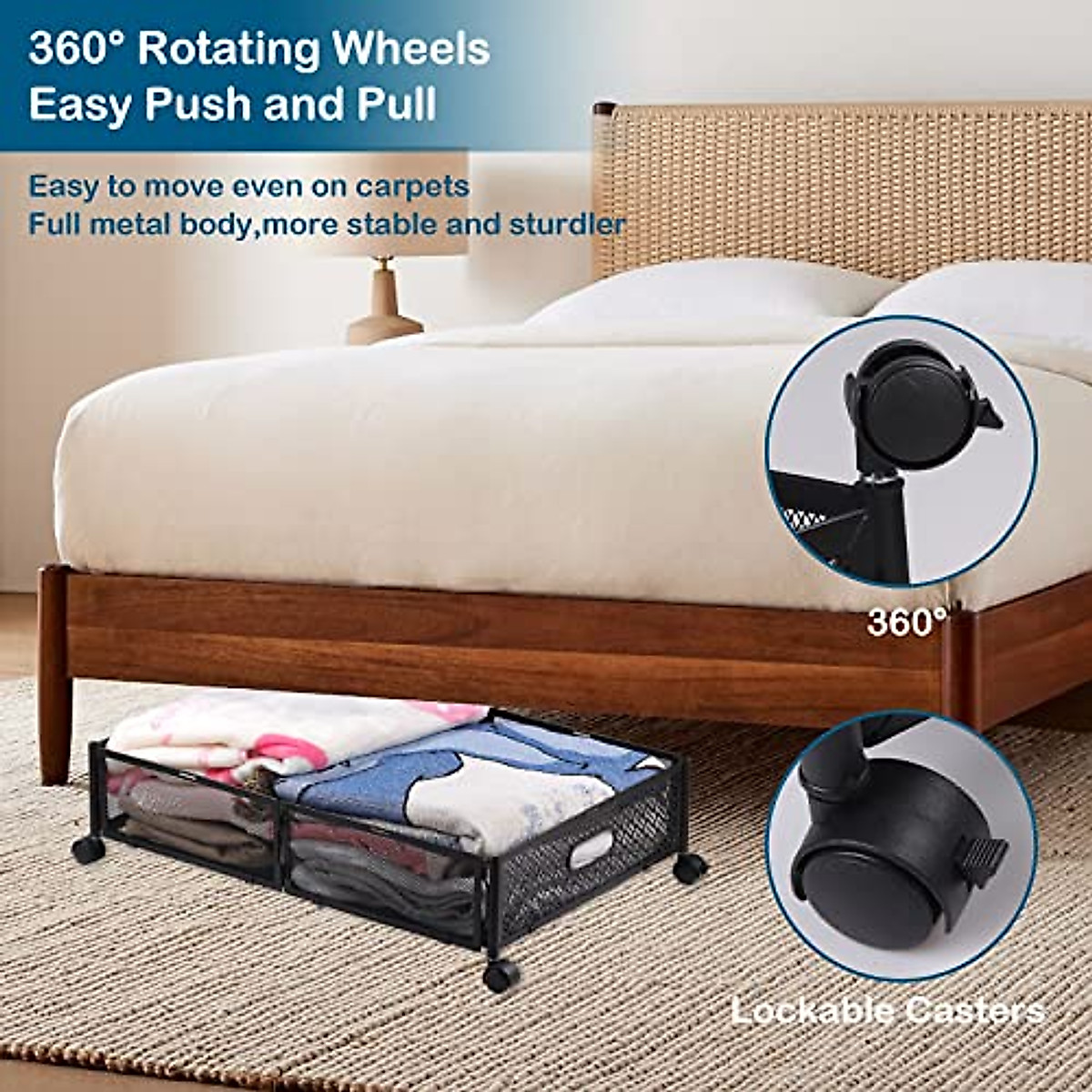 Under Bed Storage,Under Bed Storage Containers With Wheels and Handles,Tool-Free Foldable Heavy Duty Metal Underbed Storage Drawer For Blanket Shoes Clothes Toys -2 Pack