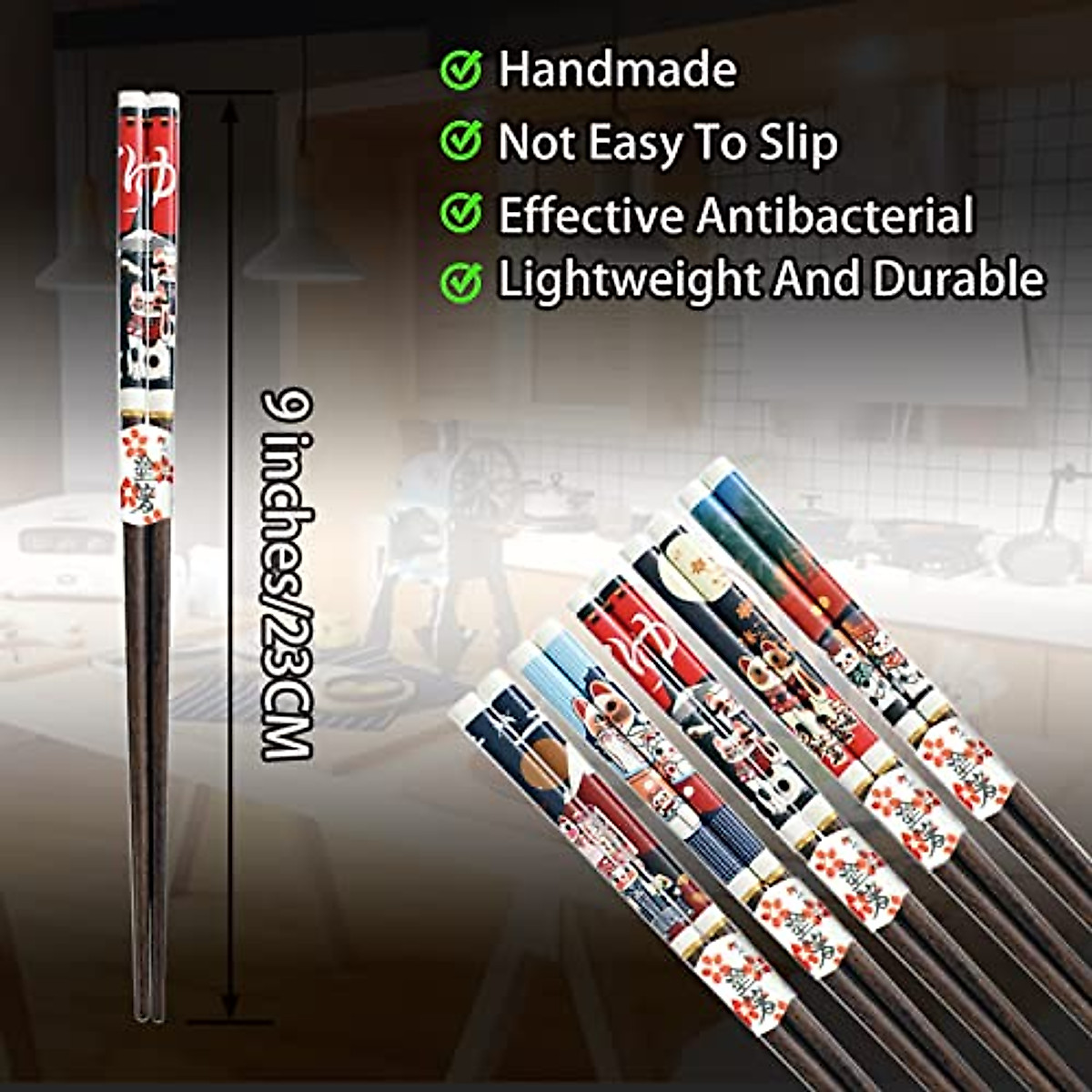 WORCAS 5 Pairs Hardwood Chopsticks Reusable， 9.0Inch/23cm Japanese Style Natural Wood Chop Stick Hand-Carved Chopstick (Anti ceramic pattern)