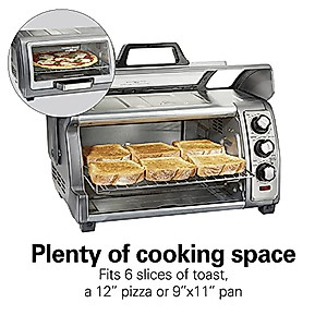 Hamilton Beach Toaster Oven Air Fryer Combo with Large Capacity, Fits 6 Slices or 12” Pizza, 4 Cooking Functions for Convection, Bake, Broil, Roll-Top Door, Easy Reach Sure-Crisp, Stainless Steel