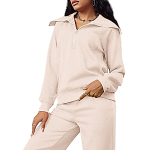 XIEERDUO Lounge Set For Women 2024 Winter Zip Up Sweatshirt And Wide Leg Sweatpant Apricot M