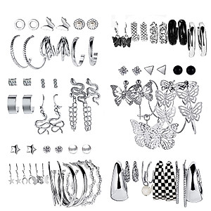 JMScape 37 Pairs Silver Hoop Earrings Set for Women Multipack Fashion Drop Dangle Earring Packs Pearl Studs Butterfly Earrings Hypoallergenic Chunky Hoops Jewelry for Valentine's Day Gifts