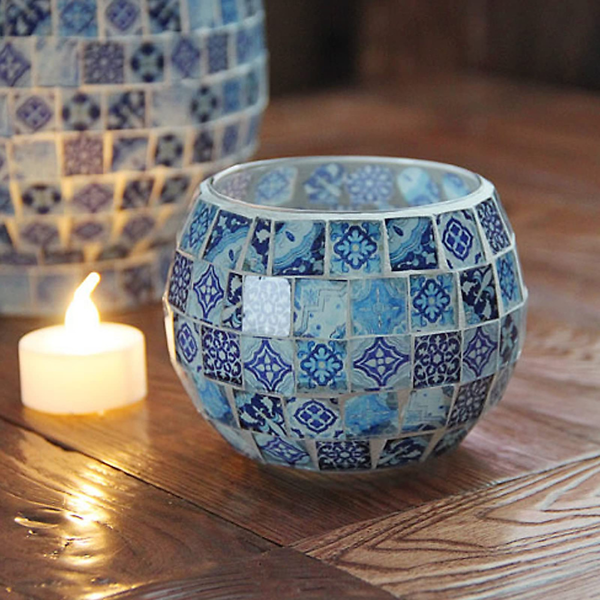 Blue and White Mosaic Candleholder, Glass Votive Candle Holders Round Bowl Tealight Holders Potted Plant Bowl Vase Candlestick Holder Table Centerpieces