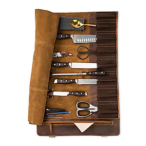 Angus Stoke Premium Leather Knife roll Storage Bag XXL - 14 Pockets, Buffalo Leather with Shoulder Strap, Chef's Knife Bag case Rene (Walnut-Brown)