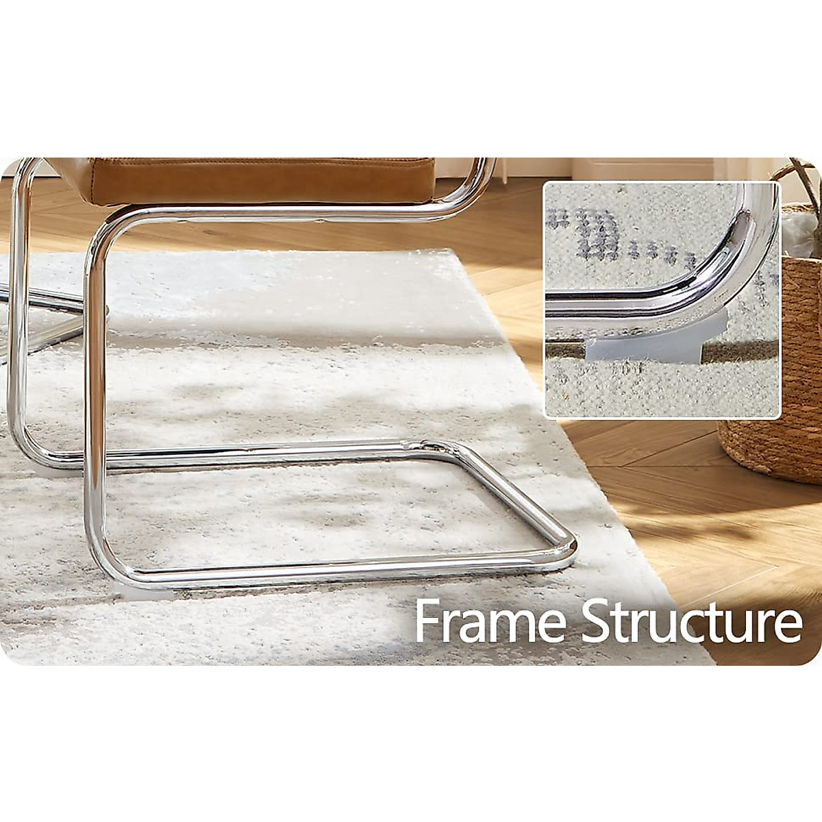 Zouron Mid-Century Modern Dining Chairs, Leather Accent Kitchen Chairs with Rattan Back, Armless Upholstered Fabric Spone Chairs with Chrome Metal Legs, Set of 2, Yellwo Brown