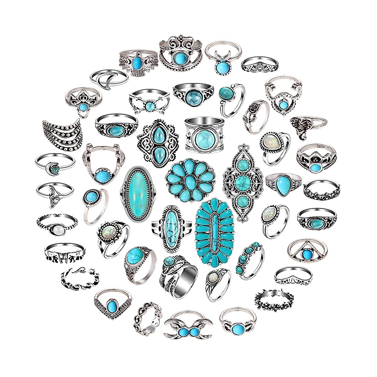 Mixcbe 50 Pcs Western Turquoise Rings Set for Women Rings Vintage Bohemian Stackable Gemstone Rings Boho Joint Knuckle Rings Midi Stacking Rings for women Holiday Gifts