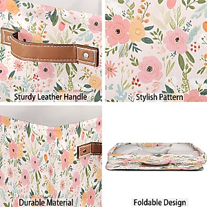 Piolysio Pink Flowers 13 Inch Storage Cube Bins Fabric Storage Bin with Leather Handles Foldable Storage Organizer Baskets for Closet, Shelves, Bedroom, Living Room