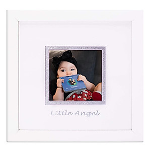 Golden State Art, White Baby Frame, Little Angel Solid Wood picture frame with White/Silver Double Mat, Baby Nursery Decor for Baby Girl or Baby Boy (8x8-inch for 4x4-inch, 1-Opening)