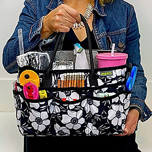 meori Large Portable Craft Tote Bag Caddy Organizer Structured Bottom Zipper Pocket Sewing Paper Art Quilting Padded Handles (Moody Floral)