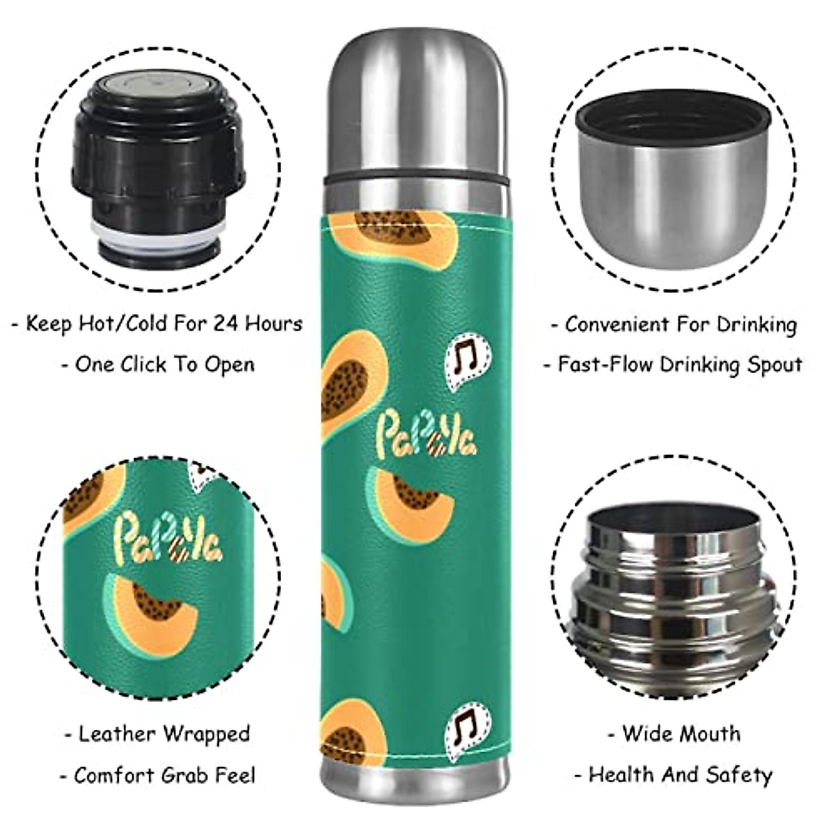 Stainless Steel Leather Vacuum Insulated Mug Pawpaw Thermos Water Bottle for Hot and Cold Drinks Kids Adults 16 Oz