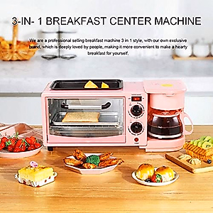 3 in 1 Breakfast Maker Station Toaster Oven with 30-Min Timer, Heat Selector Mode, 4-Cup Coffeemaker, Griddle, Toaster Oven, pink