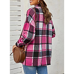 Dokotoo Shacket Jacket Women Ladies Winter Coats Plus Size Fall Fashion Casual Button Down Oversized Long Sleeve Tops Plaid Flannel Shirts Fleece Jackets Cardigan for Women 2023 with Pockets Rose M
