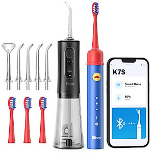 Bitvae Toothbrush and Water Flosser Combo, 3 Modes and 6 Jet Tips Water Flosser for Adult, 3 Optional Modes and 4 Brush Heads Kids Electric Toothbrushes with Bluetooth App, Bule&Black Set