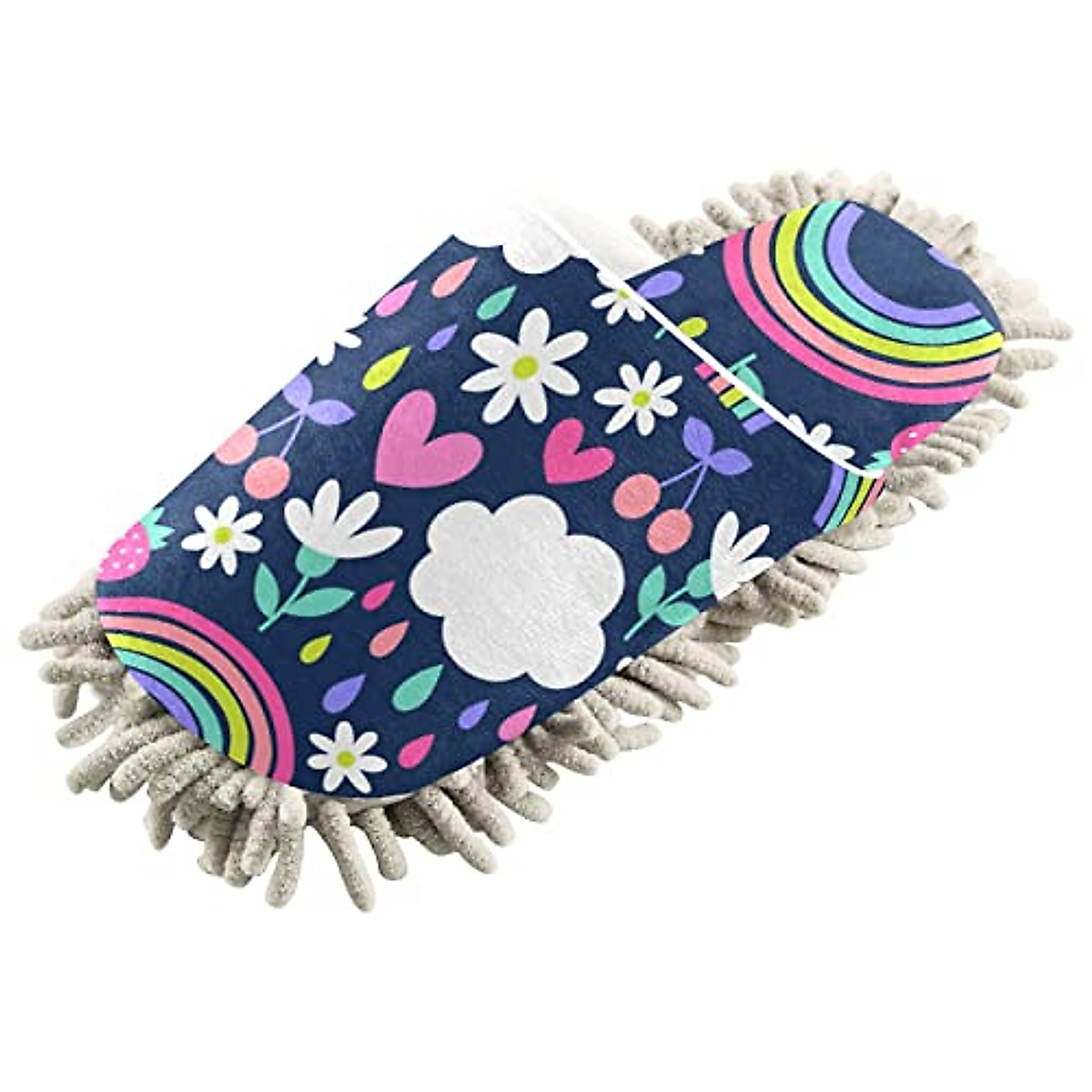 Kigai Microfiber Cleaning Slippers Cute Floral and Rainbow Washable Mop Shoes Slipper for Men/Women House Floor Dust Cleaner, Size L