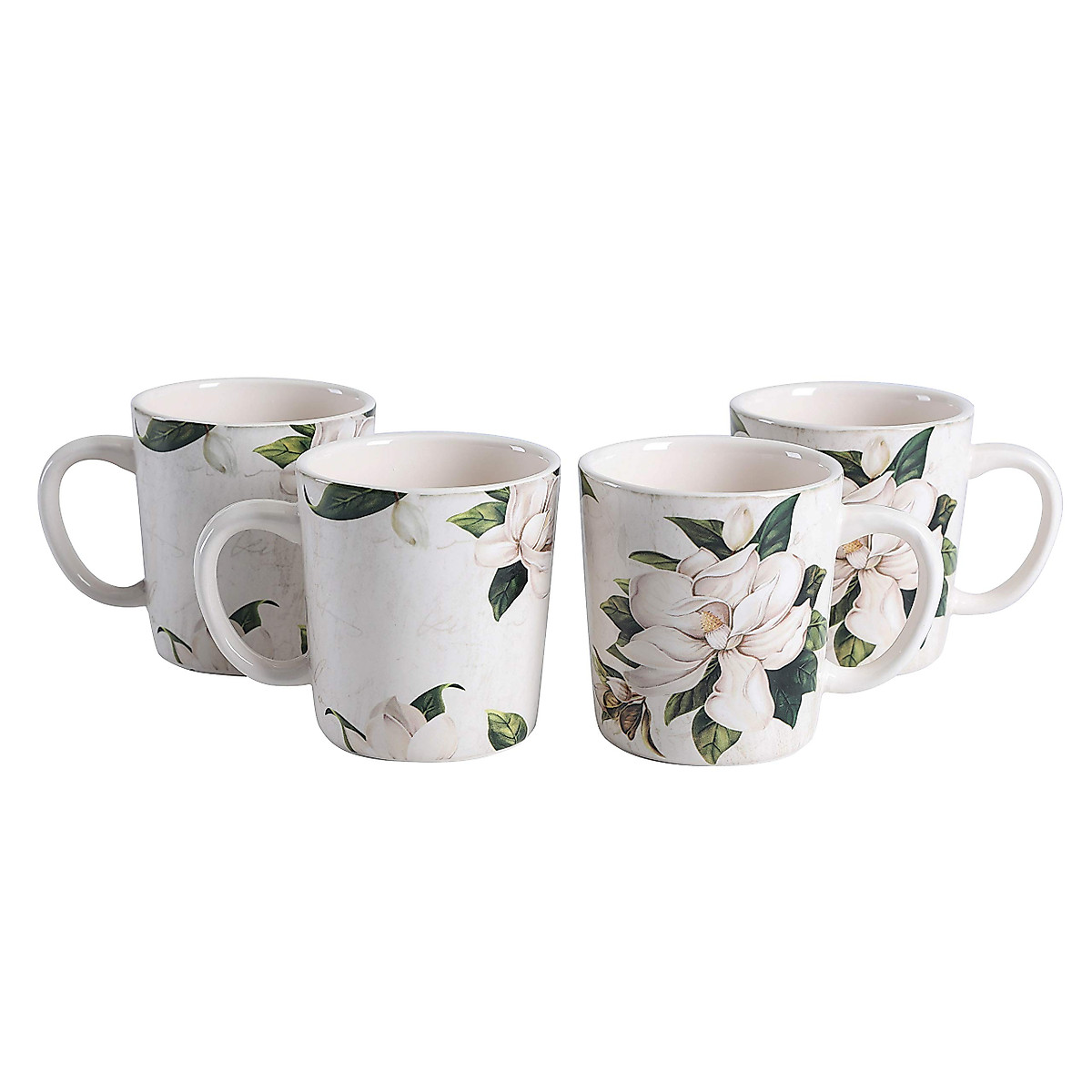 Bico Magnolia Floral Ceramic Mugs, Set of 4, for Coffee, Tea, Drinks, Microwave & Dishwasher Safe