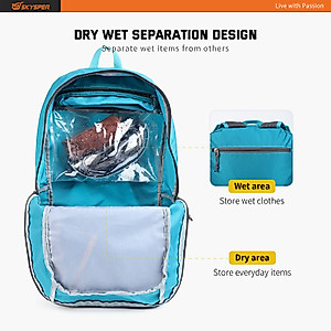 SKYSPER Lightweight Packable Backpack 30L Hiking Daypack with Wet Pocket Foldable Travel Carry-on Backpack Cyan