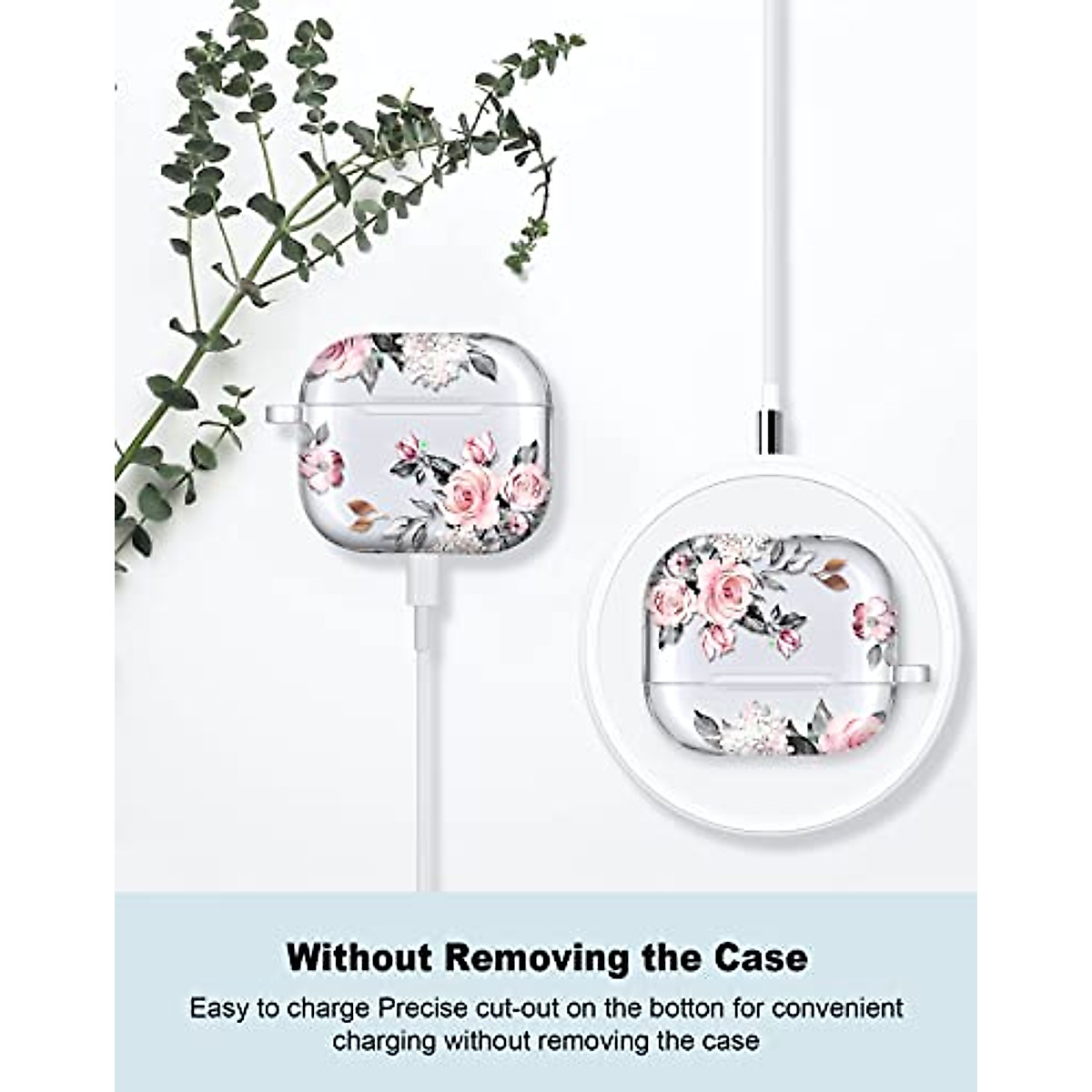 RXKEJI AirPods 3 Case Cover, Rose Flower Clear Case Cute Protective Soft Shockproof Cover with Keychain for Women Girls Compatible with AirPods 3rd Generation Case - Pink