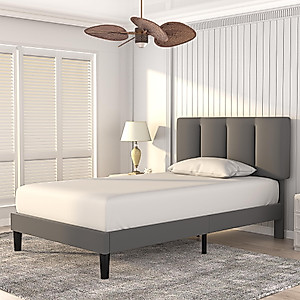 VECELO Twin Bed Frame with Upholstered Headboard, Platform Mattress Foundation with Strong Wooden Slats Support, No Boxing Spring Needed, Easy Assembly, Dark Grey