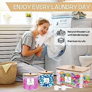 3 Pack Laundry Pods Container Dryer Sheet Holder, Containers for Laundry Room Organization and Storage Jars with Lids & Labels for Detergent, Pods, Scent Booster, Beads, 2 Spoons (Round+Square)